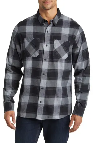 Travis Mathew Cloud Plaid Flannel Button-up Shirt Ebony/ Black