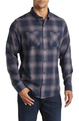 Travis Mathew Cloud Plaid Flannel Button-up Shirt Total Eclipse/ Flint