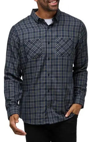 Travis Mathew Cloud Plaid Flannel Button-up Shirt Total Eclipse/apricot