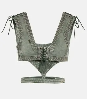 Jean Paul Gaultier X Knwls Cutout Denim Corset Top - Green