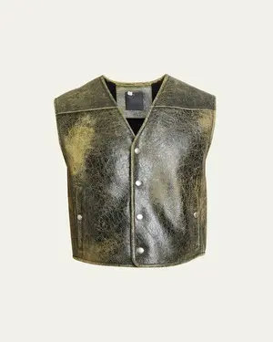 Givenchy Men's Distressed Leather Snap Vest - Black/yellow