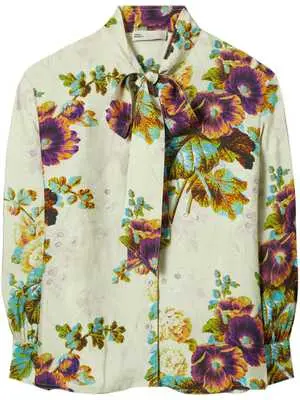 Tory Burch Floral Pussy-bow Blouse - Green