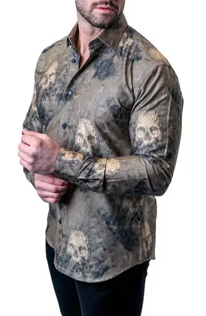 MACEOO Einstein Skull Sand Contemporary Fit Button-up Shirt - Brown