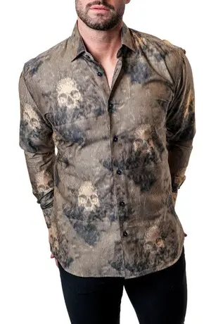 MACEOO Einstein Skull Sand Contemporary Fit Button-up Shirt - Brown