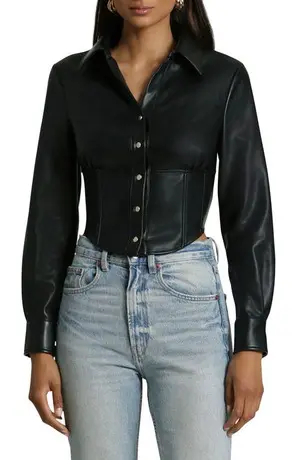 Avec Les Filles Faux-ever Leather™ Long Sleeve Cropped Corset Shirt