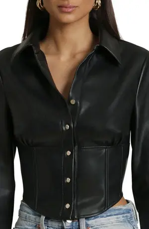 Avec Les Filles Faux-ever Leather™ Long Sleeve Cropped Corset Shirt