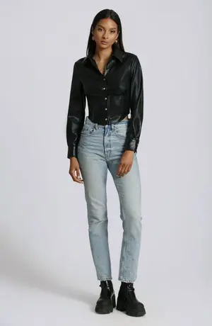 Avec Les Filles Faux-ever Leather™ Long Sleeve Cropped Corset Shirt