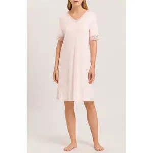 Hanro Moments Short Sleeve V-neck Cotton Nightgown - Crystal Pink