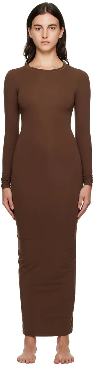 Skims Brown Fits Everybody Crew Neck Long Sleeve Maxi Dress - Cocoa |  Editorialist