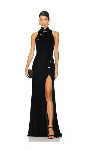SAU LEE Velvet Gown With Crystal Embellishments - Black