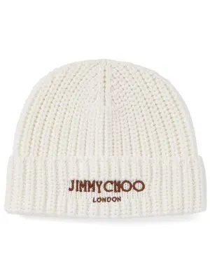 JIMMY CHOO Logo-embroidered Ribbed-knit Beanie - White