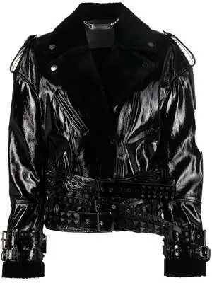 PHILIPP PLEIN Philipp Plein Shearling-Collar Patent-Leather Jacket