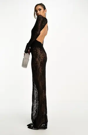 knee length dresses for ladies Rent ASOS DESIGN Satin High Drape Neck Maxi With Long Sleeves In Navy main image 1