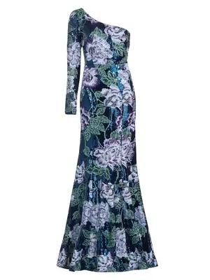 Marchesa Floral-embroidered One-shoulder Gown - Navy