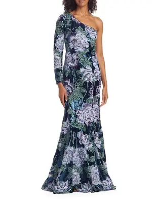 Marchesa Floral-embroidered One-shoulder Gown