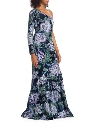 Marchesa Floral-embroidered One-shoulder Gown
