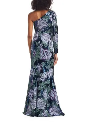 Marchesa Floral-embroidered One-shoulder Gown