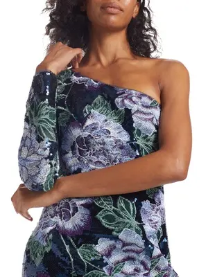 Marchesa Floral-embroidered One-shoulder Gown