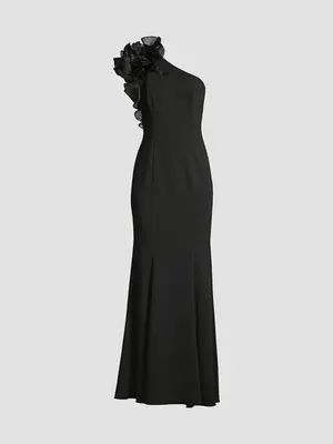 Aidan Mattox Organza Ruffle One-shoulder Gown - Black