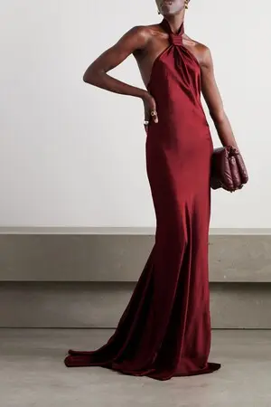 ann demeulemeester backless dress Red Halter Neck Mesh Midi Dress With Open Back