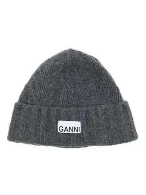 GANNI Logo-patch Ribbed-knit Beanie - Grey