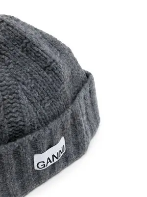 GANNI Logo-patch Ribbed-knit Beanie