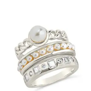 Sterling Forever Kimber Pearl & Cz Stacking Ring Set Of 3 - Silver