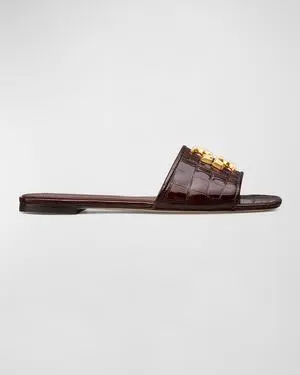 Tory Burch Eleanor Croco Medallion Flat Sandals - Brown Croc / Dark