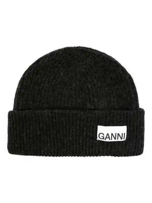 GANNI Logo-patch Ribbed Beanie - Black