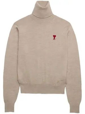 AMI Paris Logo-embroidered Roll-neck Jumper - Neutrals