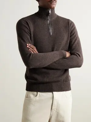 Purdey Leather-trimmed Cashmere Half-zip Sweater - Brown