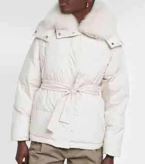 YVES SALOMON Belted Shearling-trimmed Down Jacket