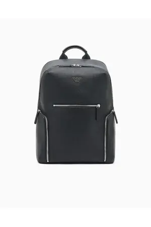 Emporio Armani Asv Regenerated Saffiano Leather Backpack With Eagle Plate - Black