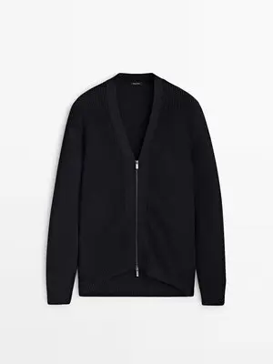 Massimo Dutti Knit Cardigan With Zip - Limited Edition Navy Blue