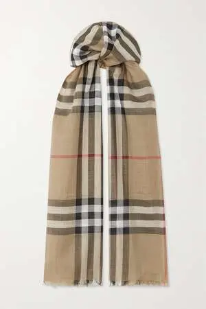 Burberry Fringed Checked Wool And Silk-blend Scarf - Beige