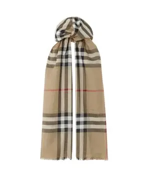 Burberry Fringed Checked Wool And Silk-blend Scarf Neutrals