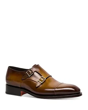 Santoni Santoni Men's Carter Cap Toe Double Monk Strap Dress Shoes Light Brown