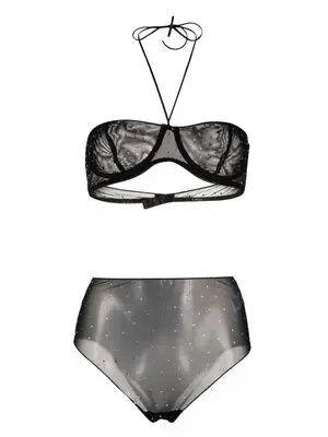 Oseree Crystal-embellished Mesh Bra Set - Black