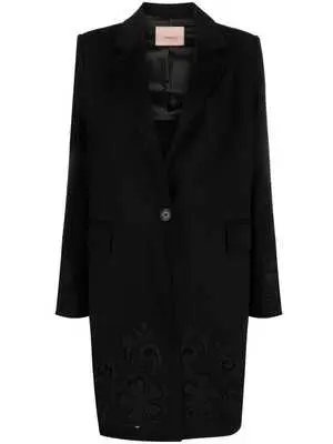 TWINSET Floral-embroidered Single-breasted Coat - Black