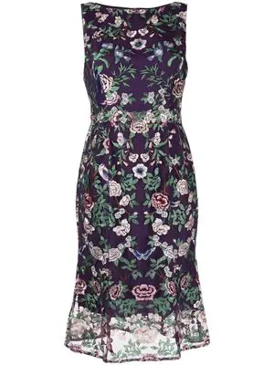 Marchesa Floral-embroidery Boat-neck Midi Dress - Purple