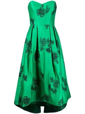 Marchesa Floral-embroidery Strapless Midi Dress - Green