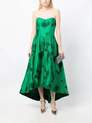 Marchesa Floral-embroidery Strapless Midi Dress - Green