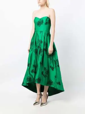 Marchesa Floral-embroidery Strapless Midi Dress - Green
