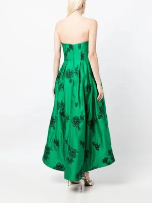 Marchesa Floral-embroidery Strapless Midi Dress - Green