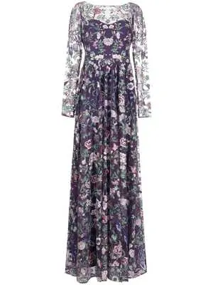 Marchesa Botanical Embroidery Sheer Overlay Gown