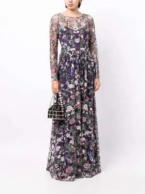 Marchesa Botanical Embroidery Sheer Overlay Gown
