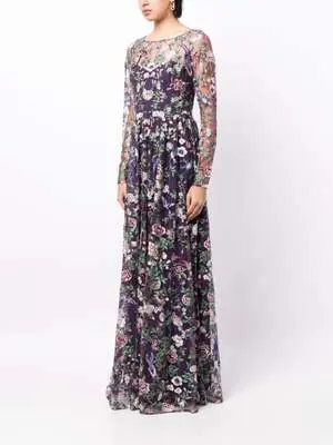 Marchesa Botanical Embroidery Sheer Overlay Gown