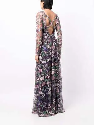 Marchesa Botanical Embroidery Sheer Overlay Gown