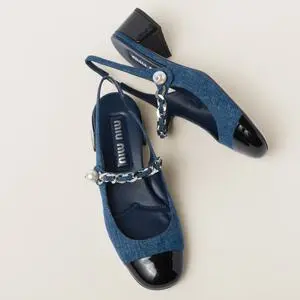 Miu Miu Denim And Patent Leather Slingback Pumps