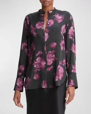 Vince Silk Begonia-Print Band-Collar Blouse - Wine